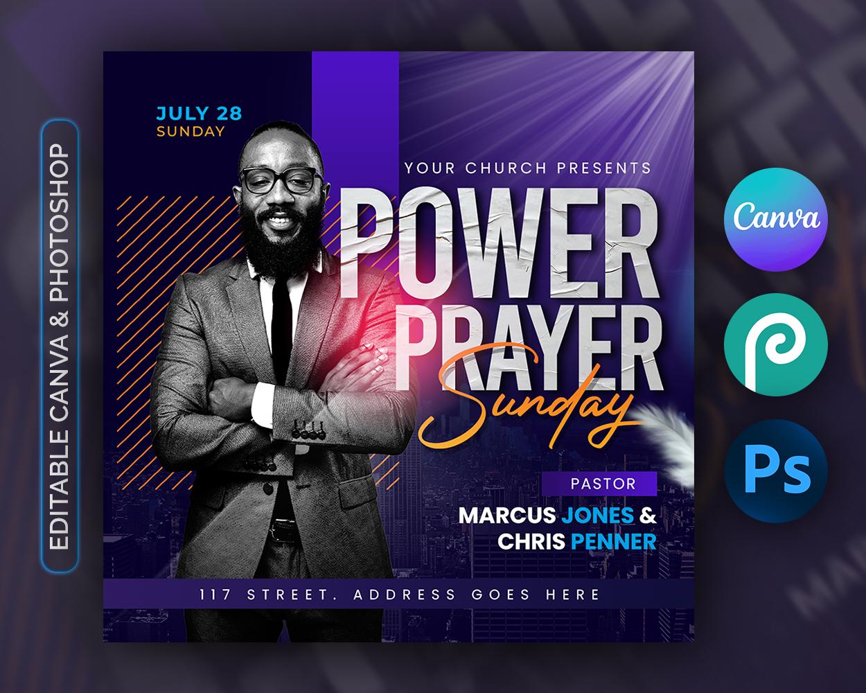 Power Prayer Sunday Flyer Template , Editable Canva & Photoshop church ...