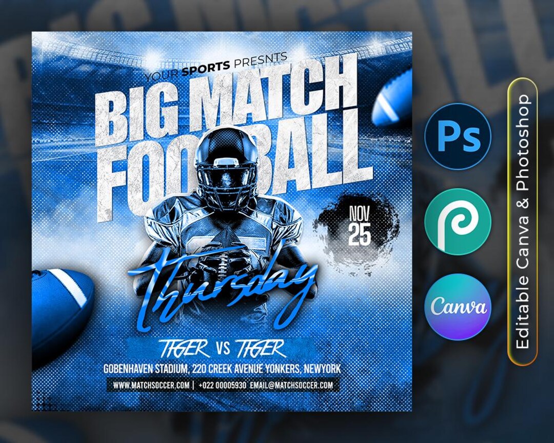 Big Match Football Flyer Template: Editable Canva & Photoshop Design - Etsy