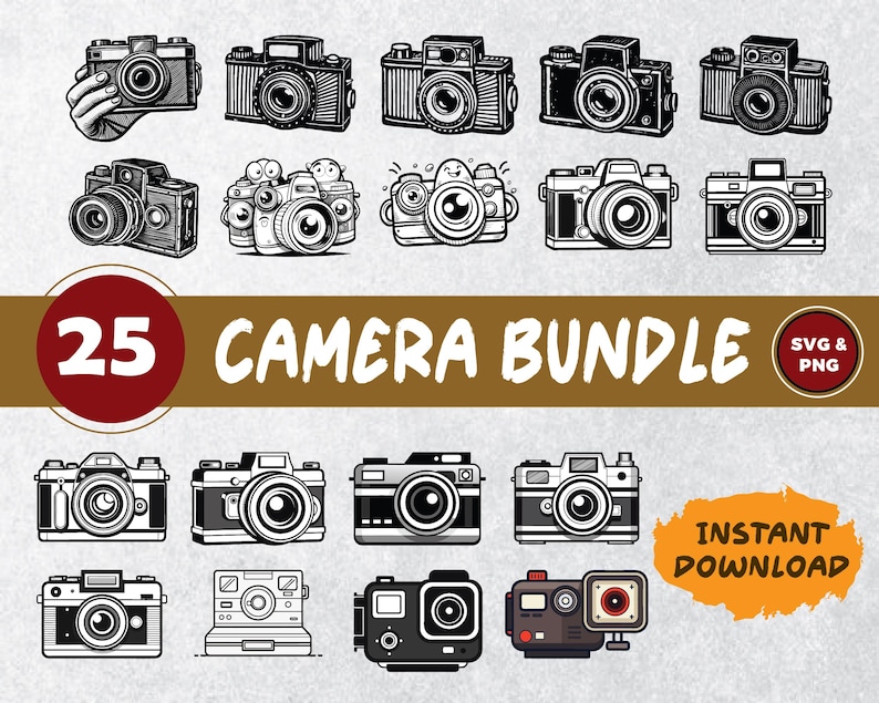 25 Camera SVG PNG Bundle | DSLR, Polaroid, Retro & Action Cam Clipart ...
