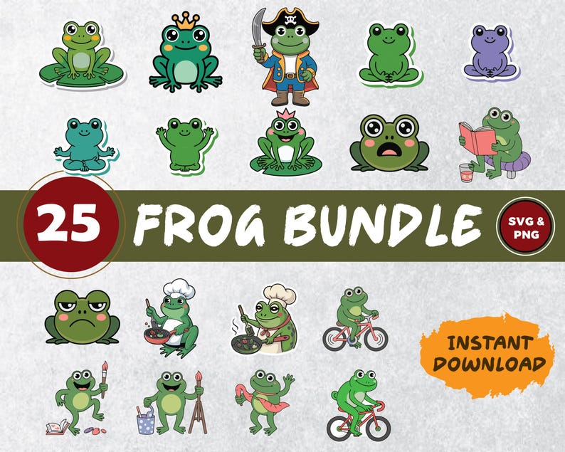 25 Frog SVG PNG Bundle | Cute Cartoon Frogs, Chef, Artist, Biker & Yoga ...