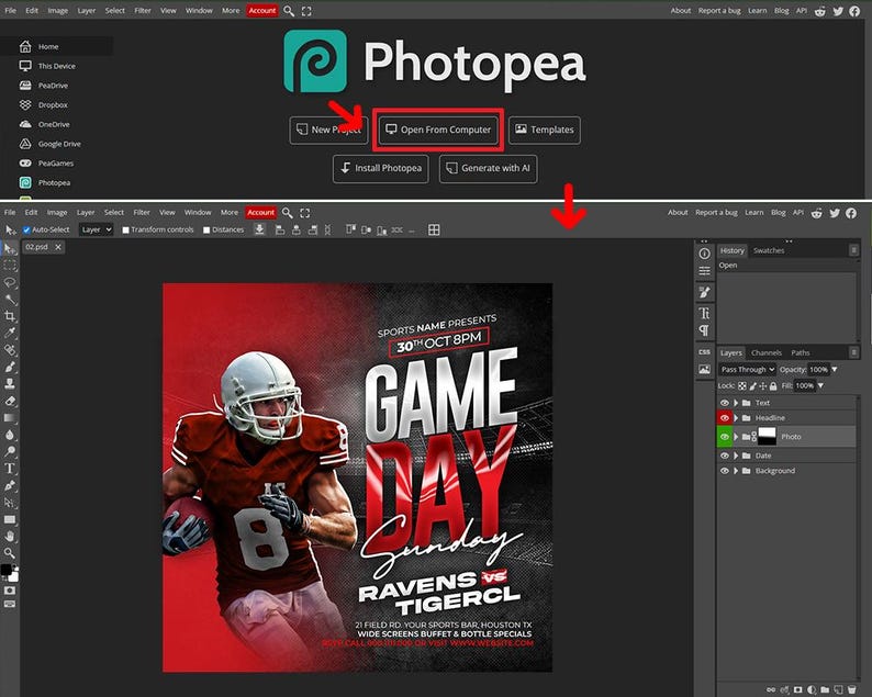 Game Day Football Flyer | Editable Canva & Photoshop Template | Sports ...