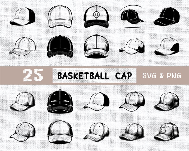 Baseball Cap SVG Bundle: Hand-drawn Trucker Hat Clipart (digital ...
