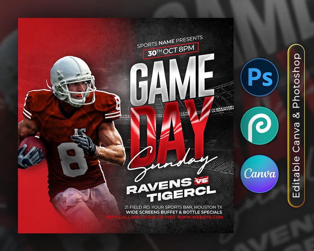 Game Day Football Flyer | Editable Canva & Photoshop Template | Sports ...