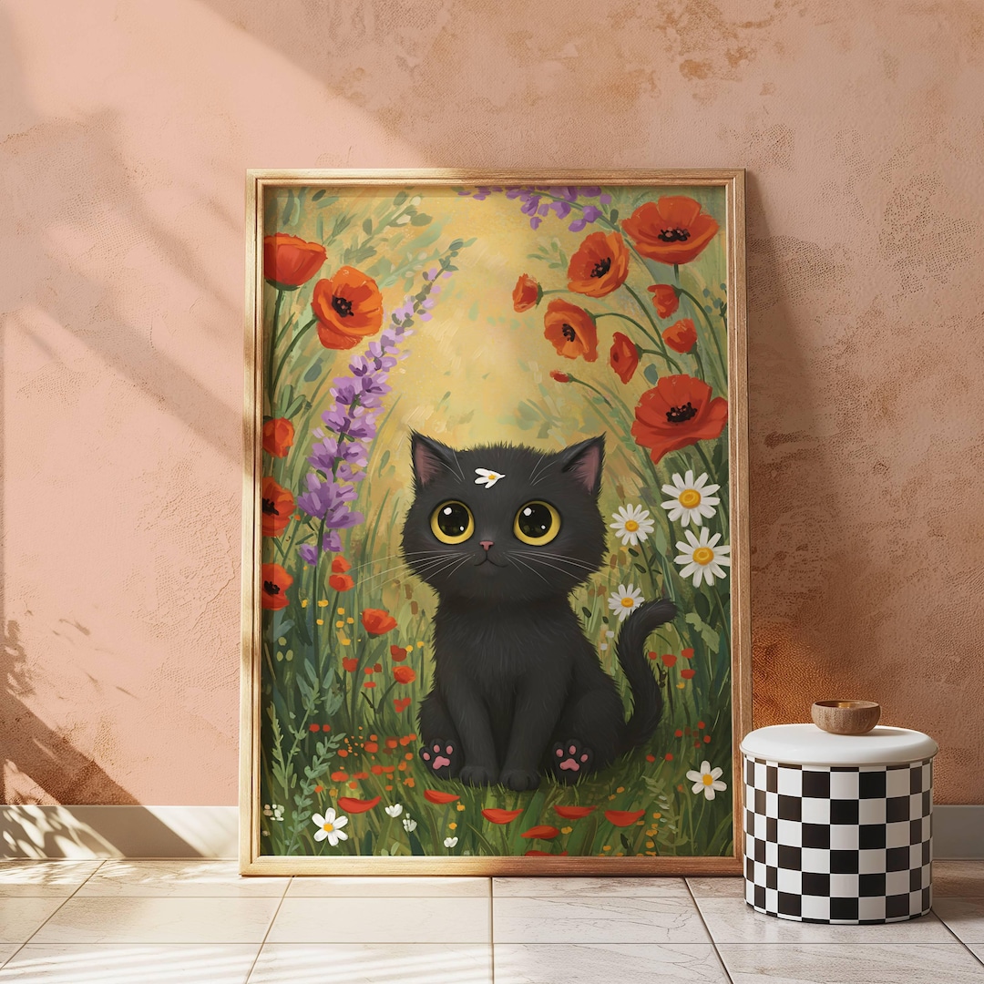 Funny Black Cat Art Print: Monet Garden Kitten, Whimsical Cat Lover ...