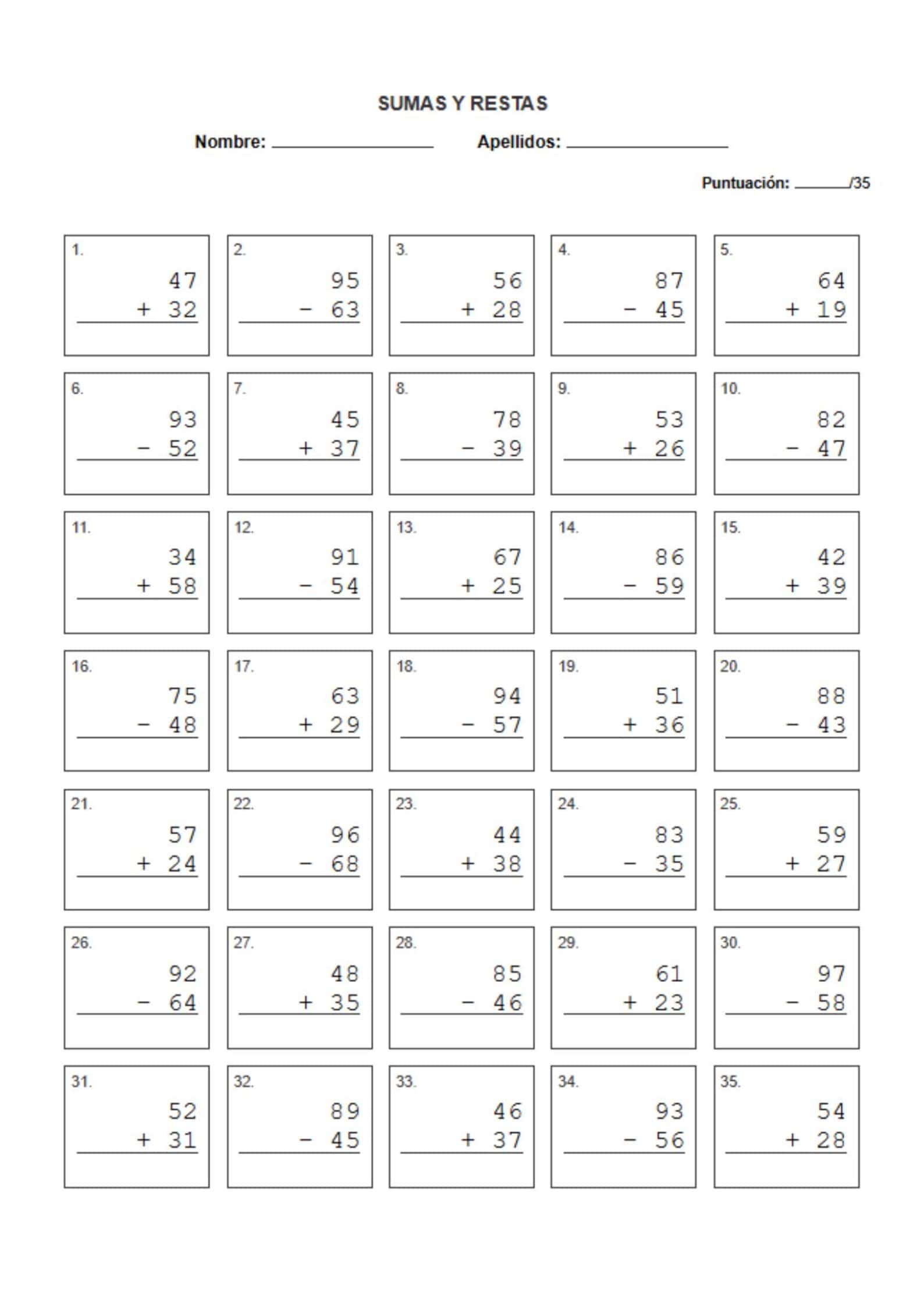 50 Fichas de Sumas y restas de 2 digitos - Etsy España