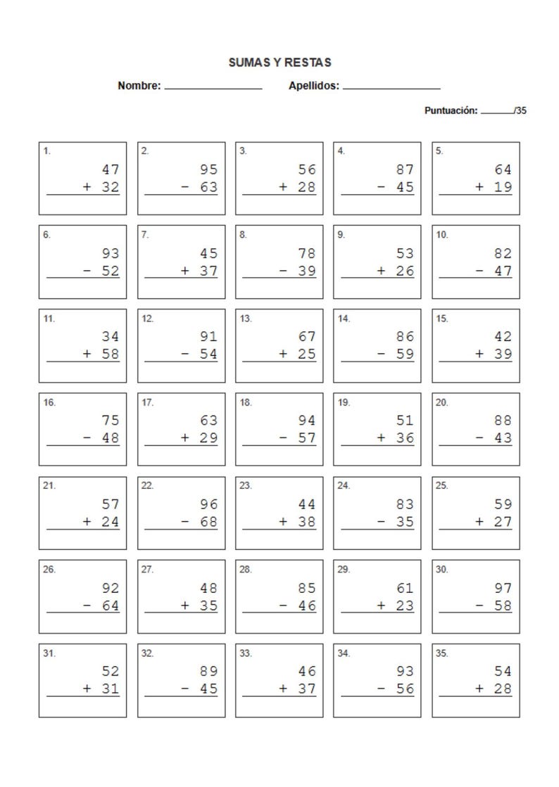 50 Fichas de Sumas y restas de 2 digitos - Etsy España