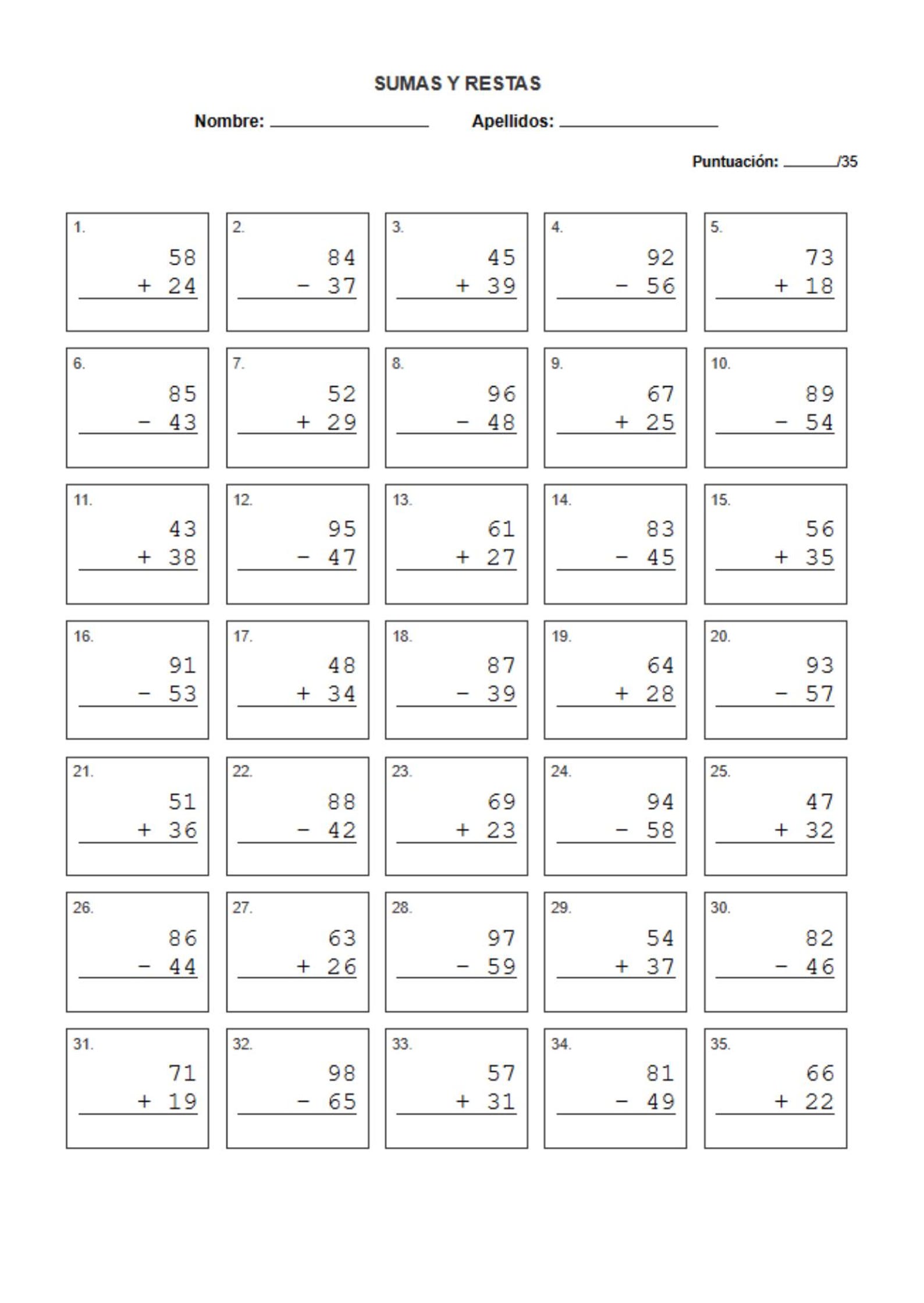 50 Fichas de Sumas y restas de 2 digitos - Etsy España