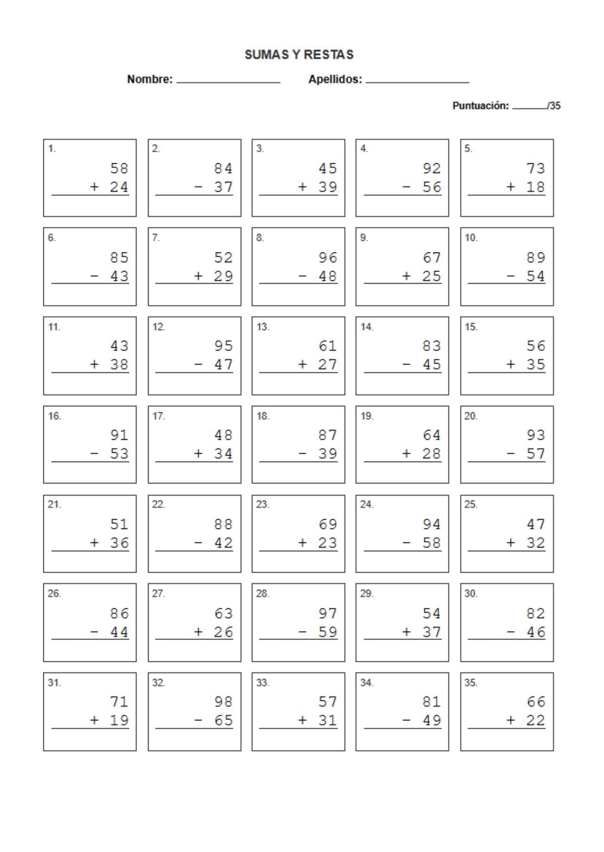 50 Fichas de Sumas y restas de 2 digitos - Etsy España