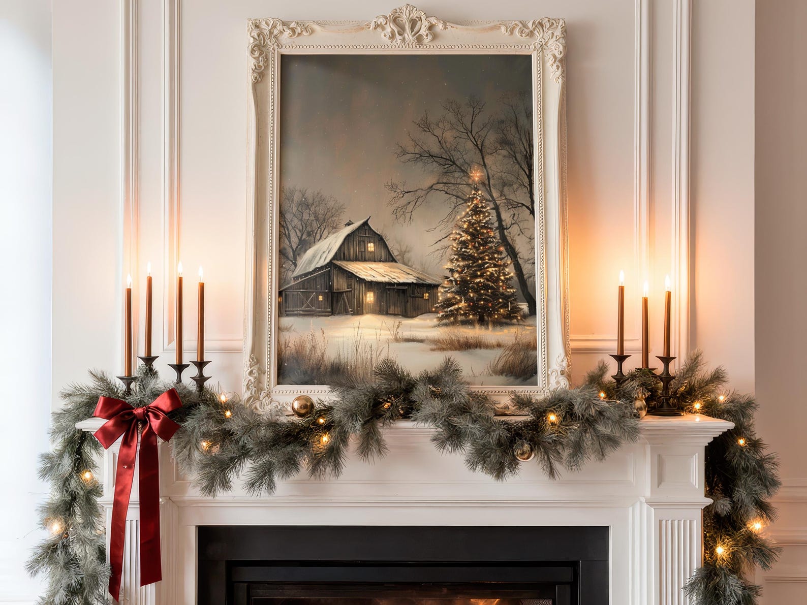 Rustic Christmas Barn Wall Art, Winter Farmhouse Scene, Vintage Snowy ...