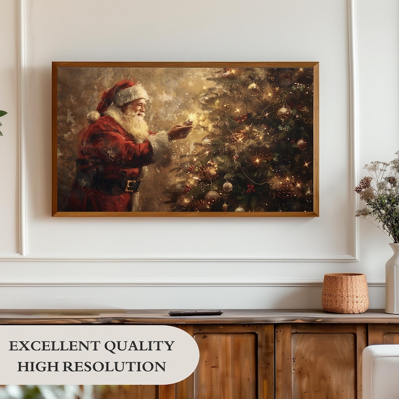 Santa Christmas Tree Frame Tv Art, Dark Vintage Holiday Santa Claus ...