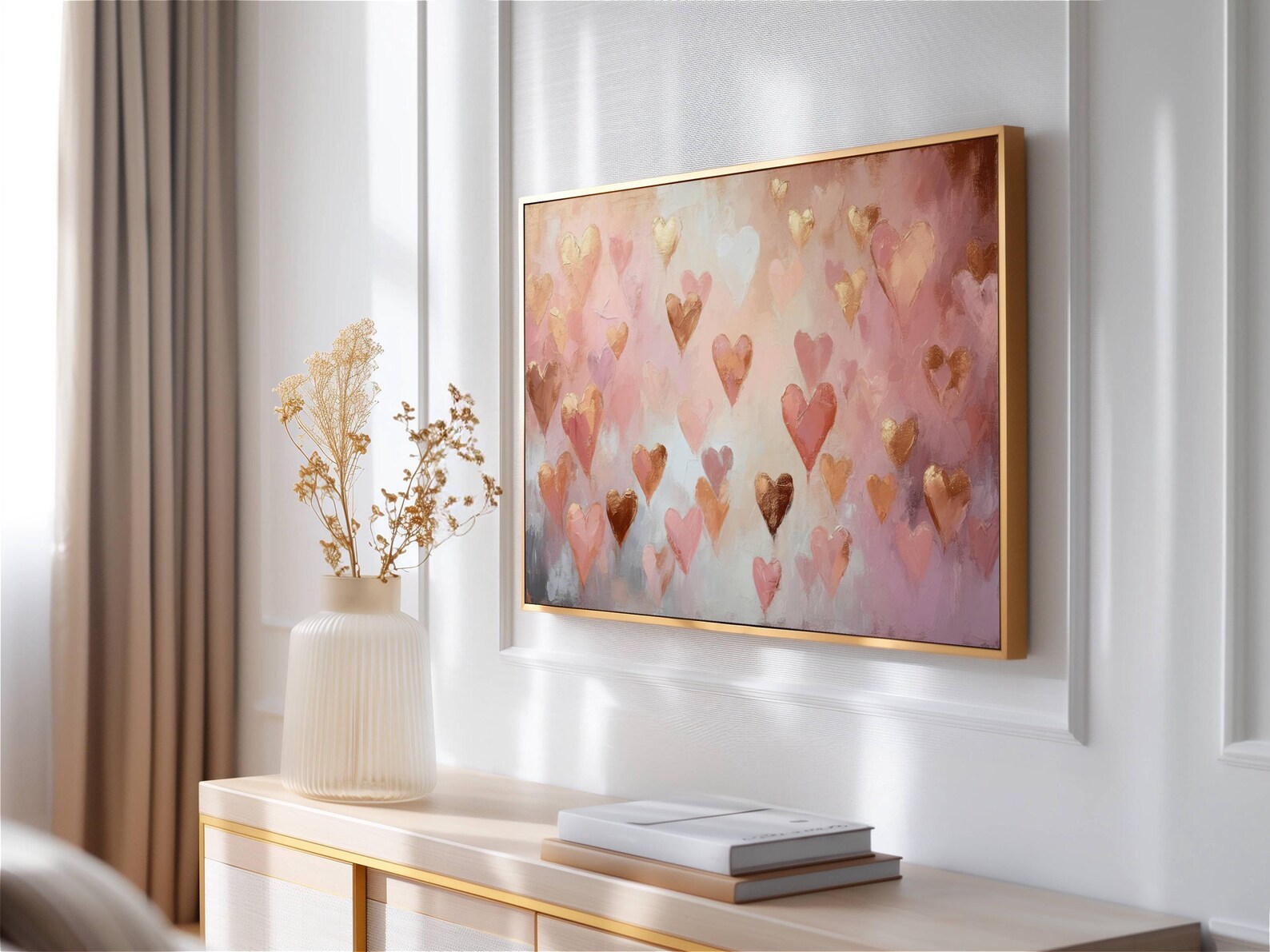 Valentines Day Frame TV Art, Pink & Gold Abstract Heart Painting ...
