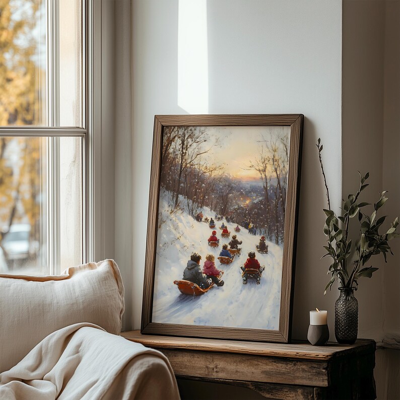 Winter Village Sledding Scene Art Print, Children Winter Sledding ...