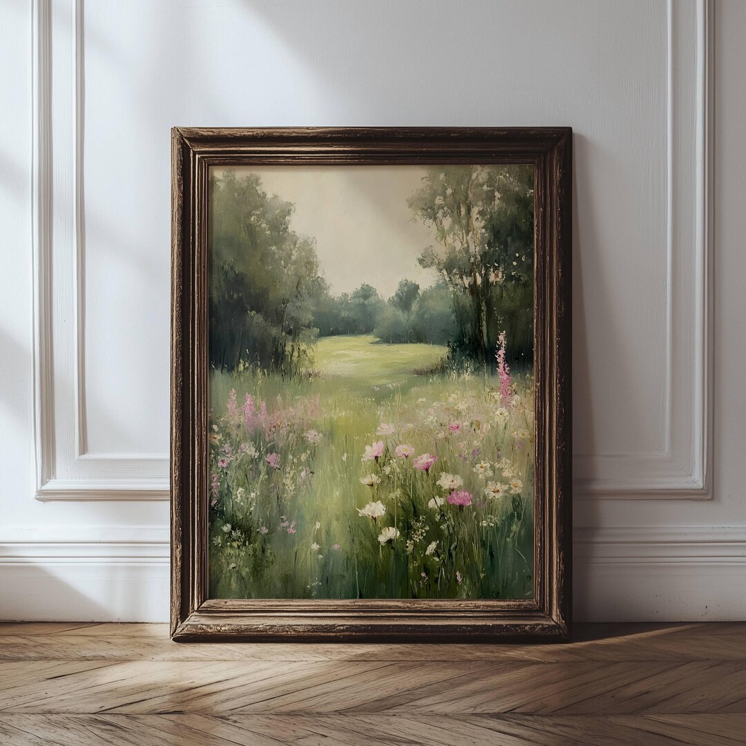 Vintage Wildflower Meadow Painting - Cottagecore Pastoral Landscape ...
