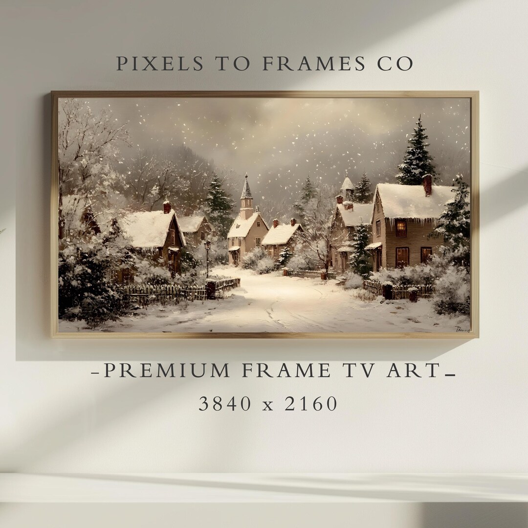Vintage Christmas Village Frame TV Art, Old World Xmas Painting ...