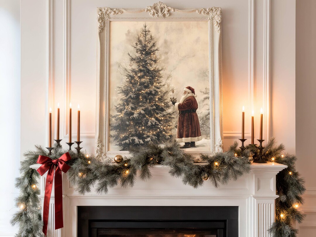 Santa Claus Christmas Tree Print, Vintage Santa Decorating Christmas ...