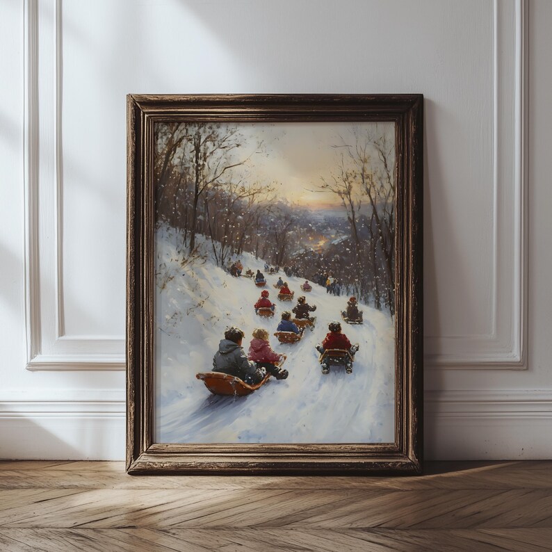 Winter Village Sledding Scene Art Print, Children Winter Sledding ...