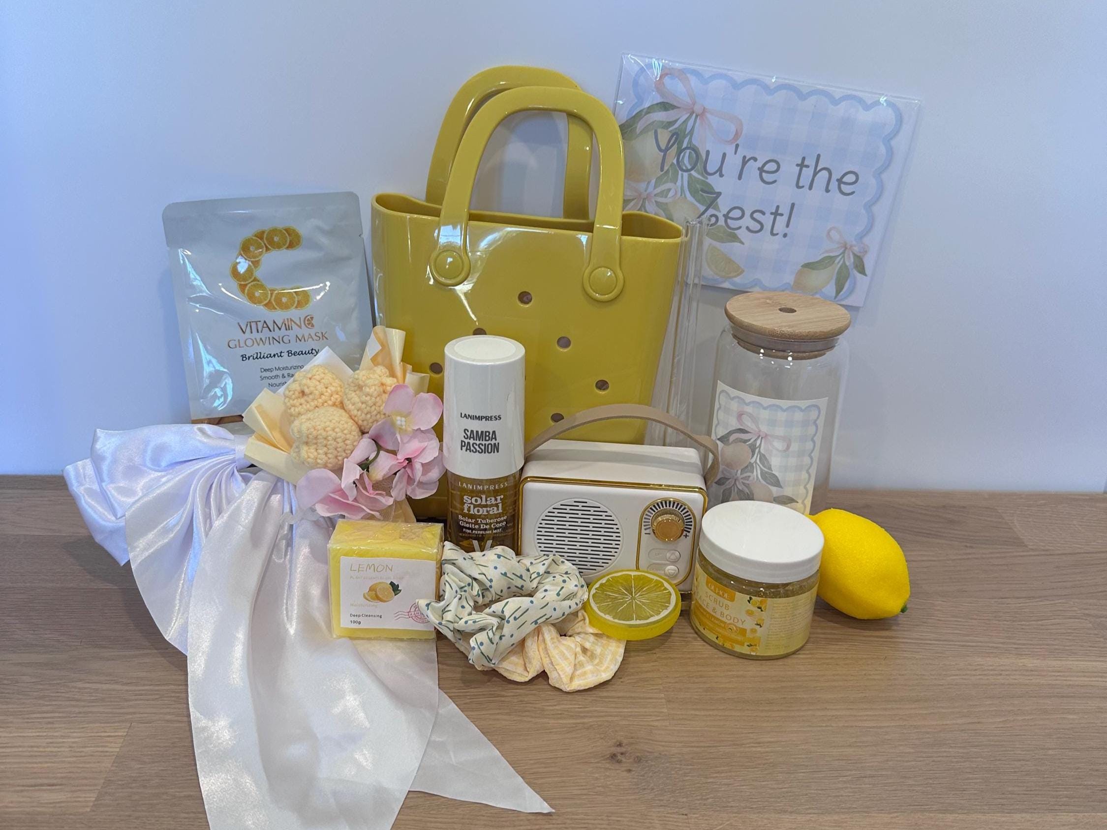Lemon Gift Box | Yellow Self Care Spa Basket With Tote, Tumbler ...