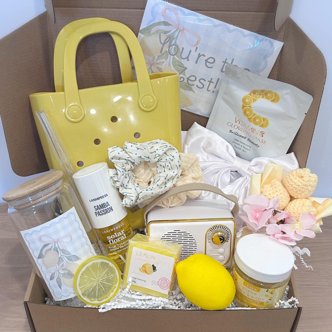 Lemon Gift Box | Yellow Self Care Spa Basket With Tote, Tumbler ...