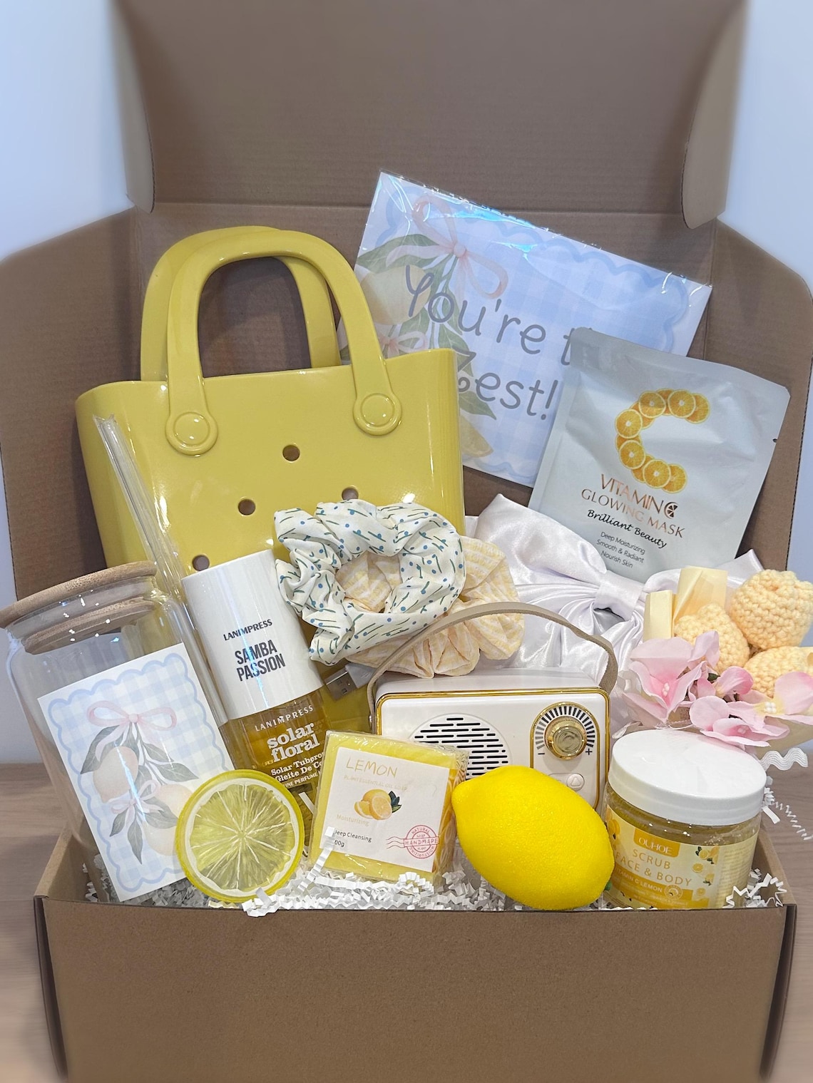 Lemon Gift Box | Yellow Self Care Spa Basket With Tote, Tumbler ...