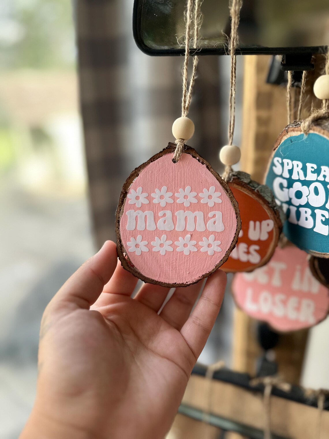 Funny Car Charms – Wood Slice Rearview Mirror Accessories – Cute Boho ...