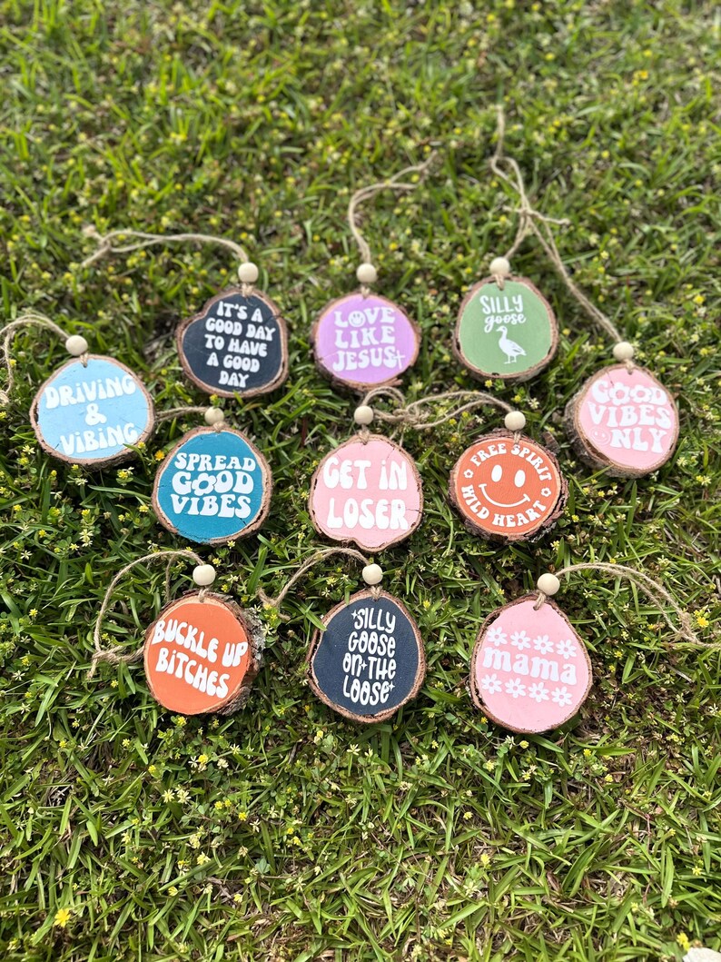 Funny Car Charms – Wood Slice Rearview Mirror Accessories – Cute Boho ...
