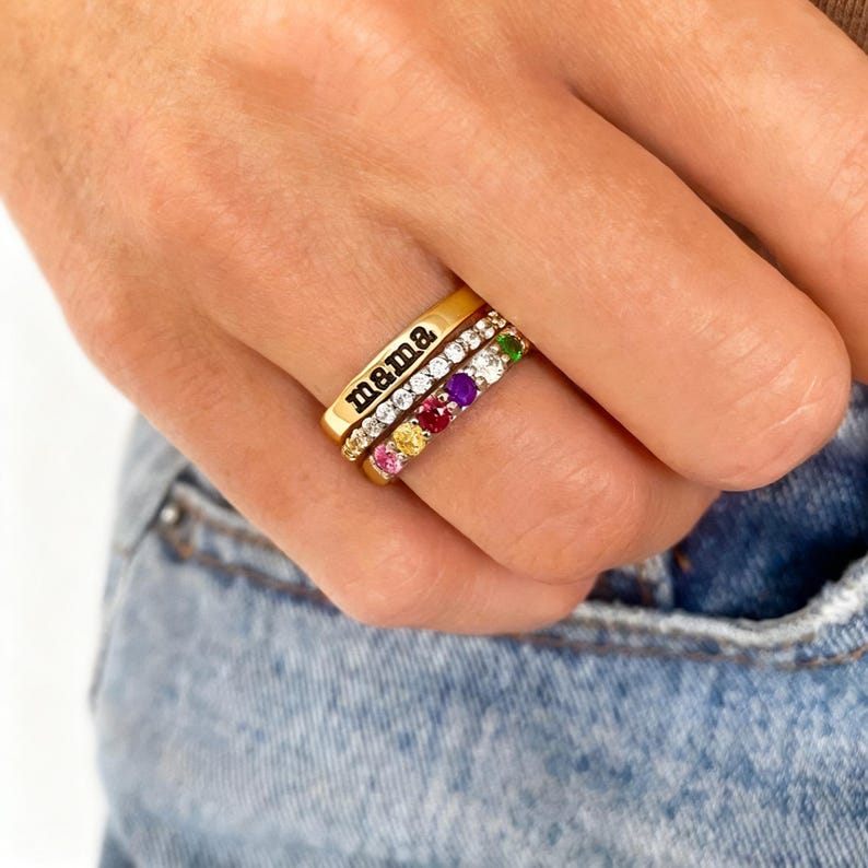 Personalized Birthstone Stacking Ring Set – Custom Name Rings, Gift for ...