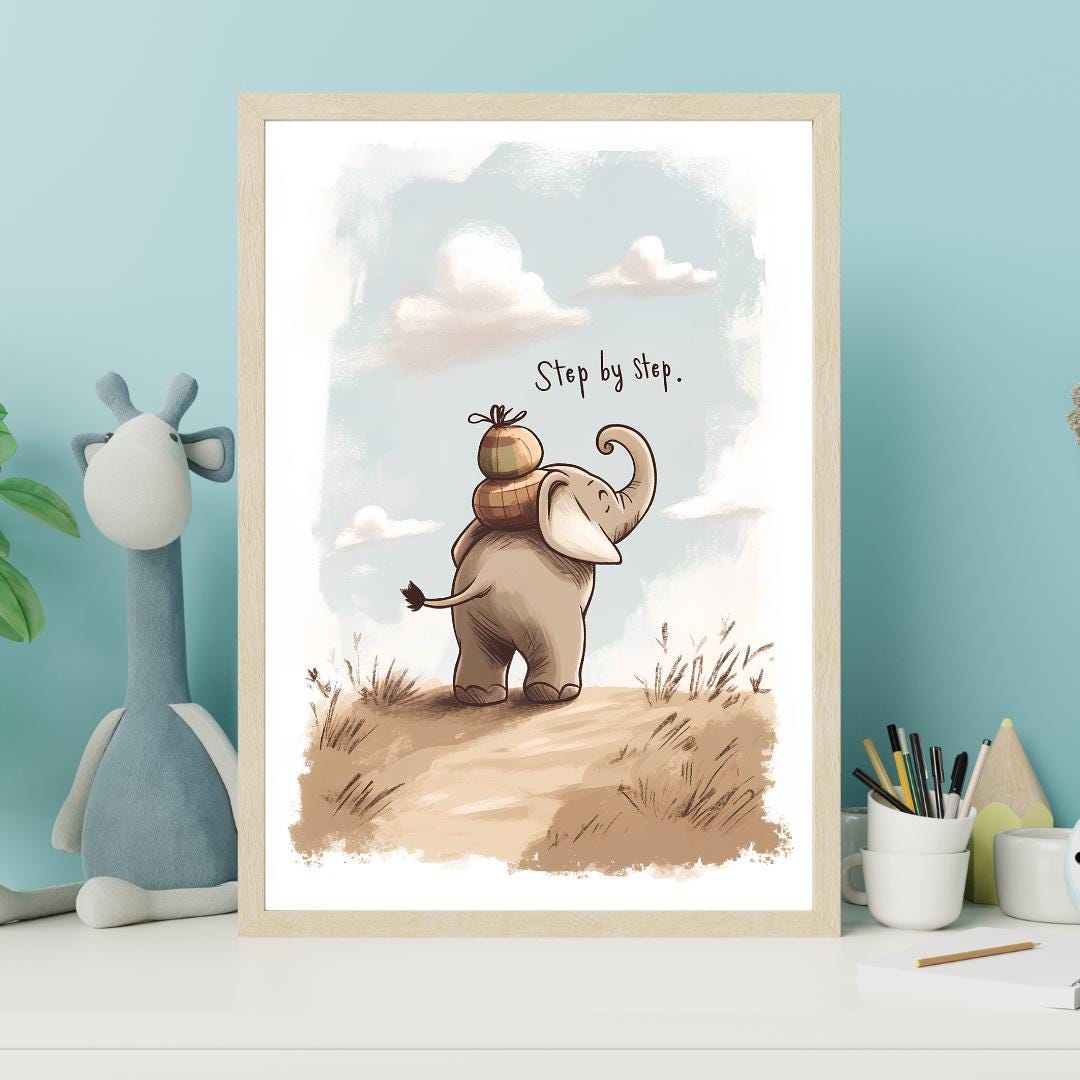 ELEPHANT MOTIVATIONAL ART | "step by Step" Quote | Jungle Animal Print ...