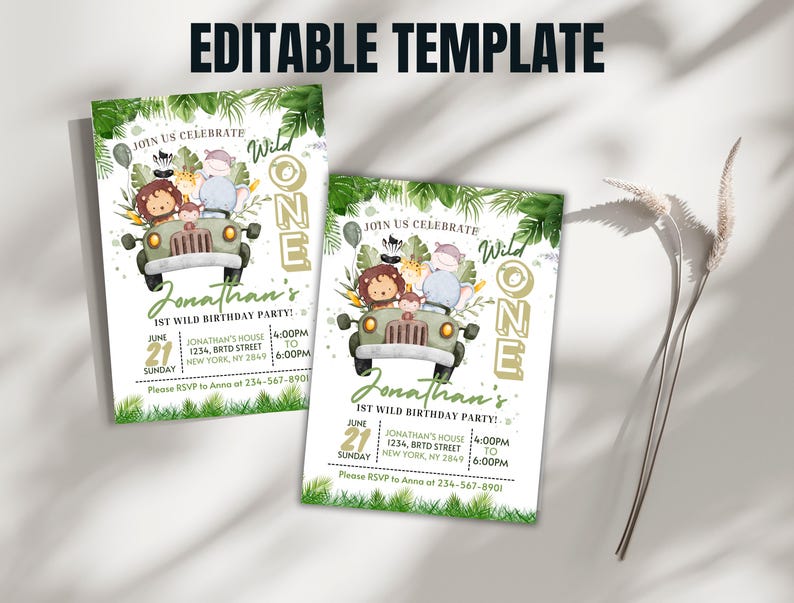 Editable Safari Birthday Invitation Template, Wild One 1st Birthday ...