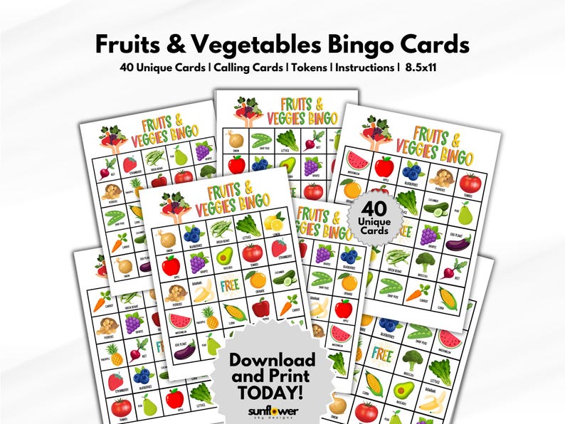 Fruits & Vegetables Bingo Game, 40 Printable Cards, Downloadable - Etsy