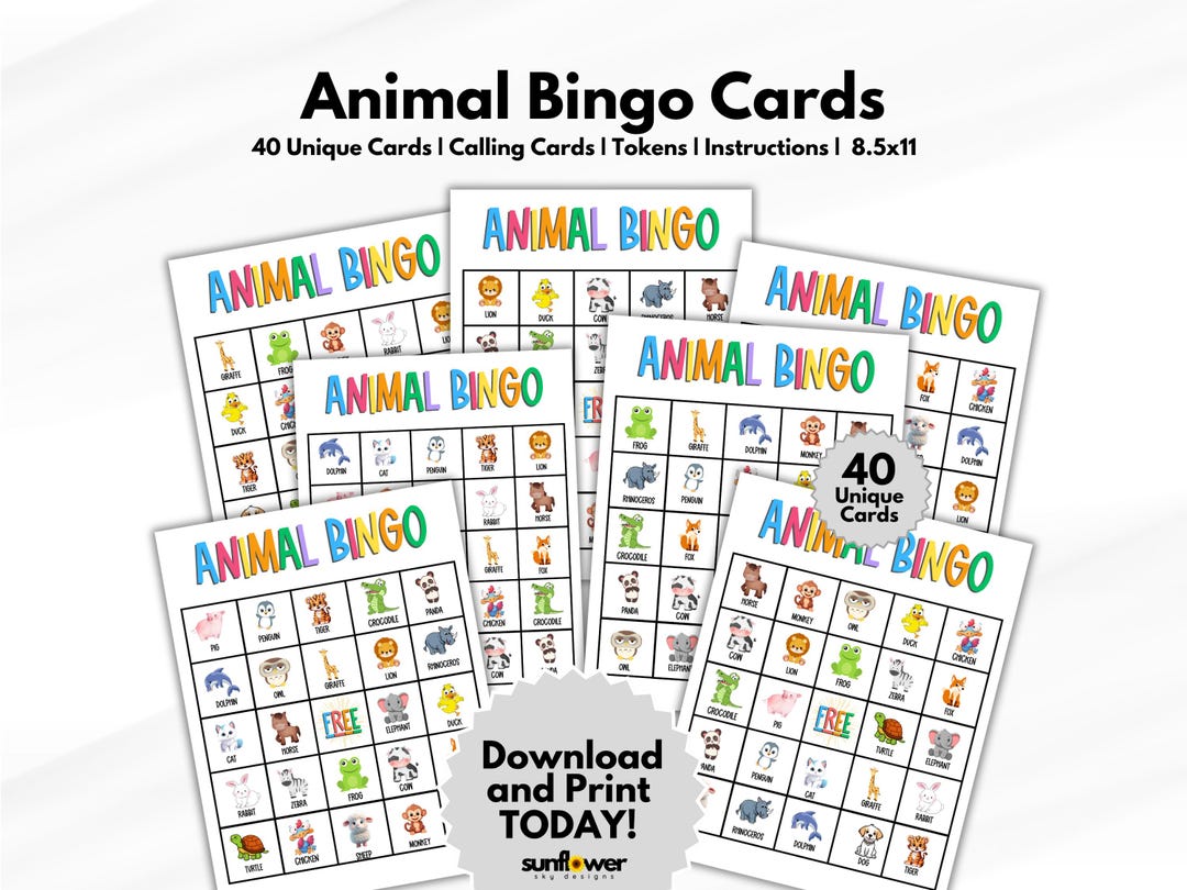 Animal Bingo Game, 40 Unique Cards, Zoo Farm Party, Digital Download - Etsy