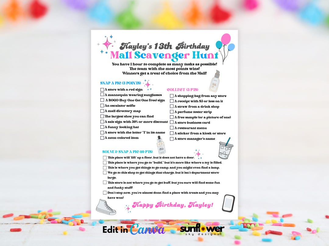 Editable Mall Photo Scavenger Hunt Game for Teens, Canva Template ...
