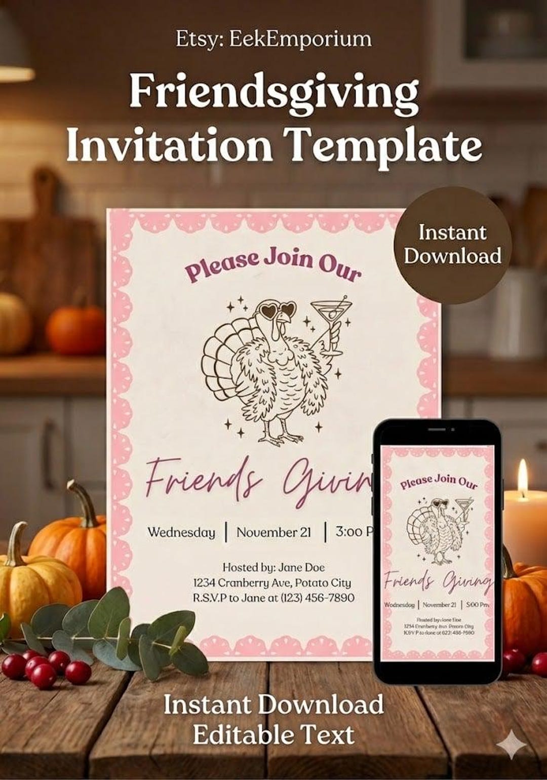 Friendsgiving “glam Turkey” Invitation – Digital Download - Etsy