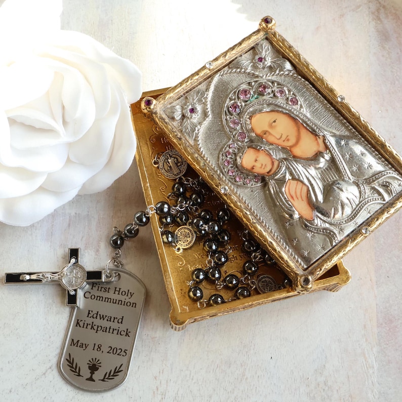 Personalized First Communion Rosary, Boy Rosary, Hematite 6mm Engraved ...