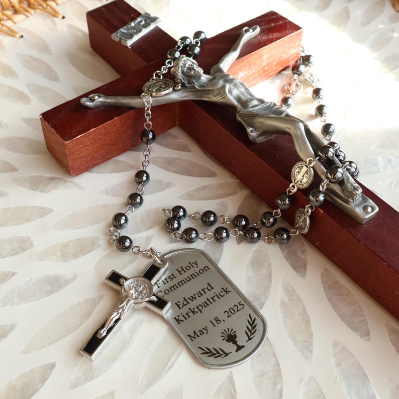 Personalized First Communion Rosary, Boy Rosary, Hematite 6mm Engraved ...