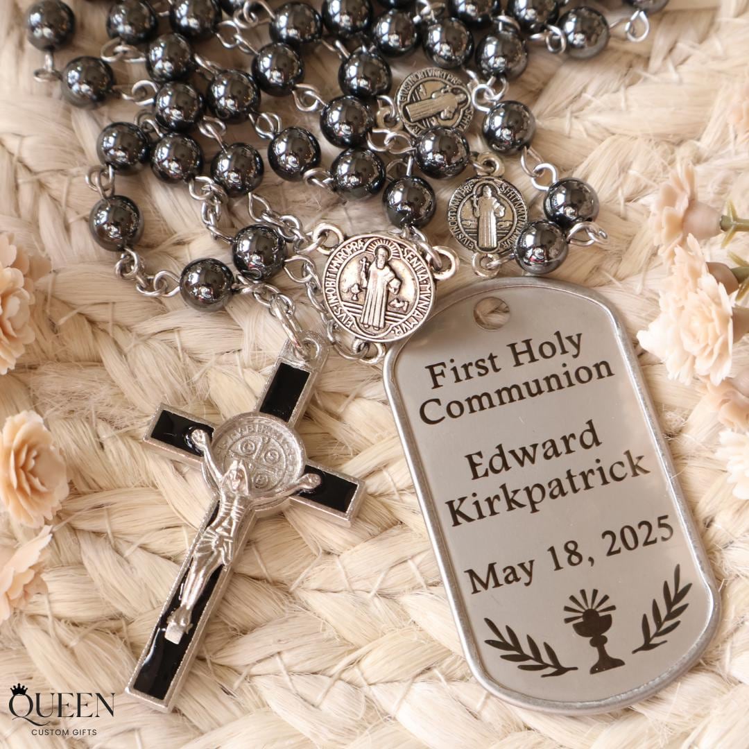 Personalized First Communion Rosary, Boy Rosary, Hematite 6mm Engraved ...
