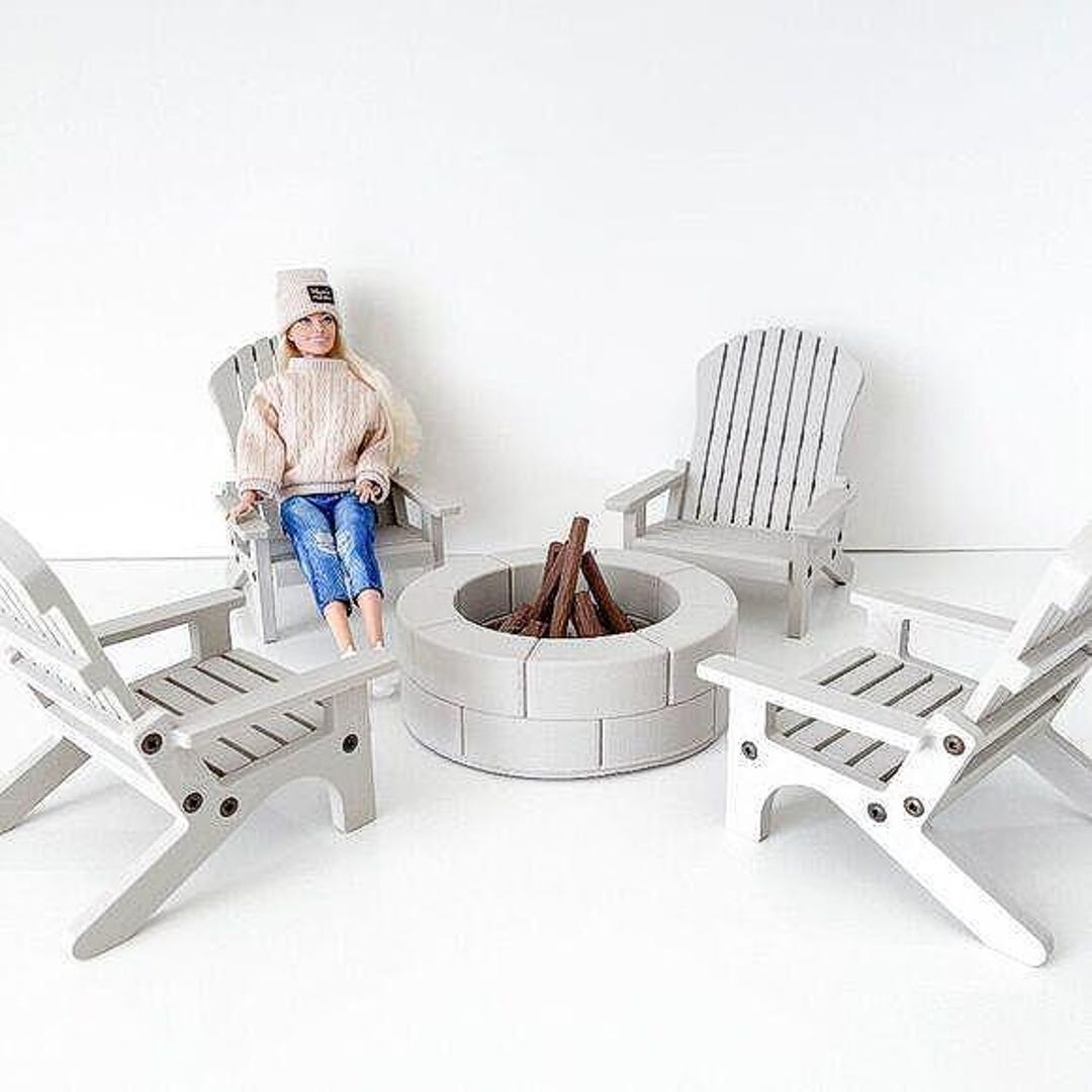 4 Beige Miniature Adirondack Chairs & Round Firepit W/flickering Logs 1 ...
