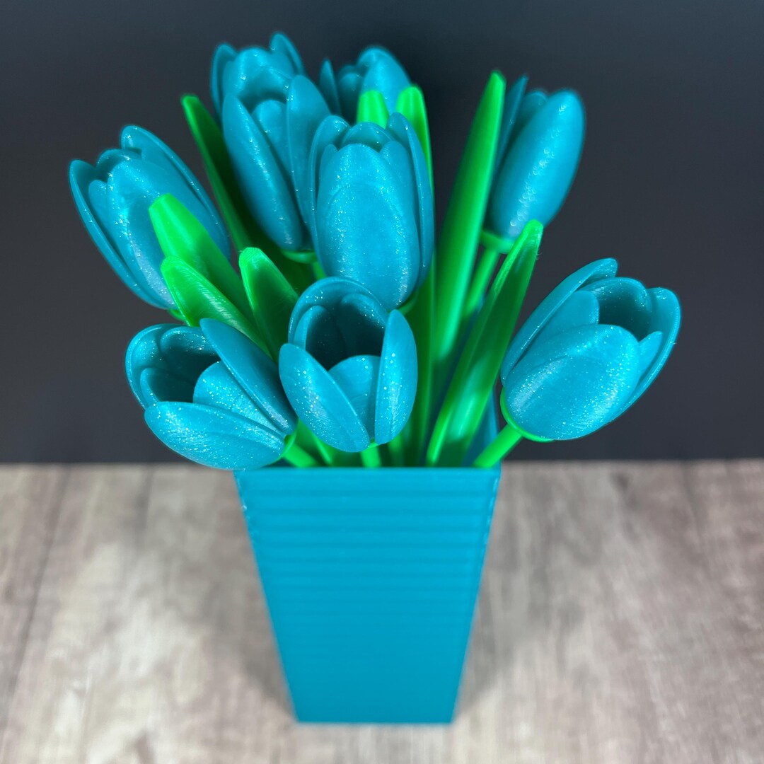 3D Printed Turquoise 9-tulip Bouquet in a Geometric Vase, Modern Home ...