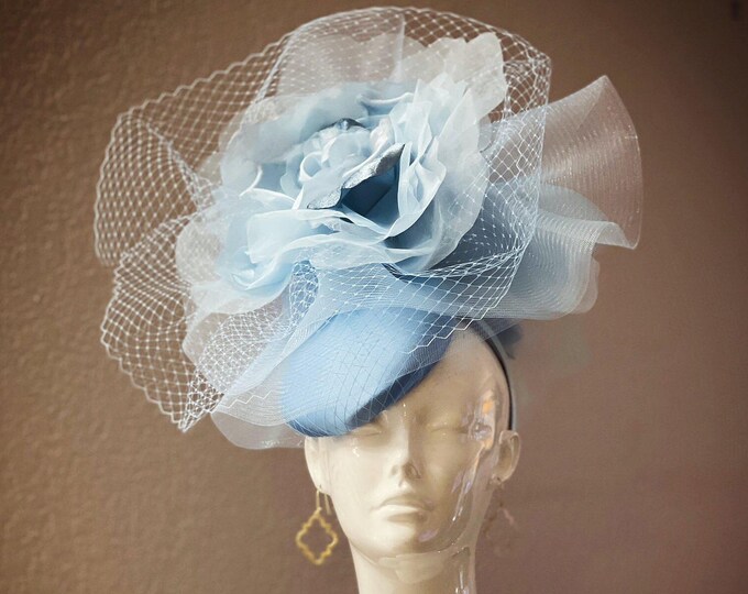 High Tea Cocktail Hat, Soft Powder Blue Roses Flowers Fascinator ...