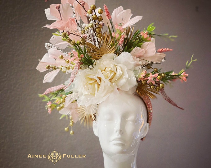 Kentucky Derby Fascinator, Pink Floral Fancy Feather Hat, Off-white ...