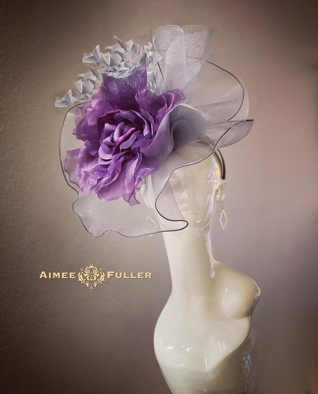 Aimee Fuller Gray Grey Ruffled Fascinator, Silver & Purple Rose ...