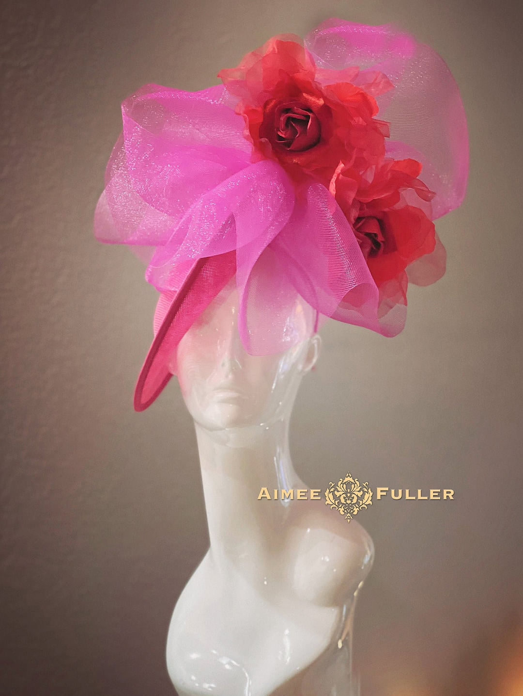 Hot Pink and Red Rose Kentucky Derby Hat, Big Derby Fascinator, Bridal ...