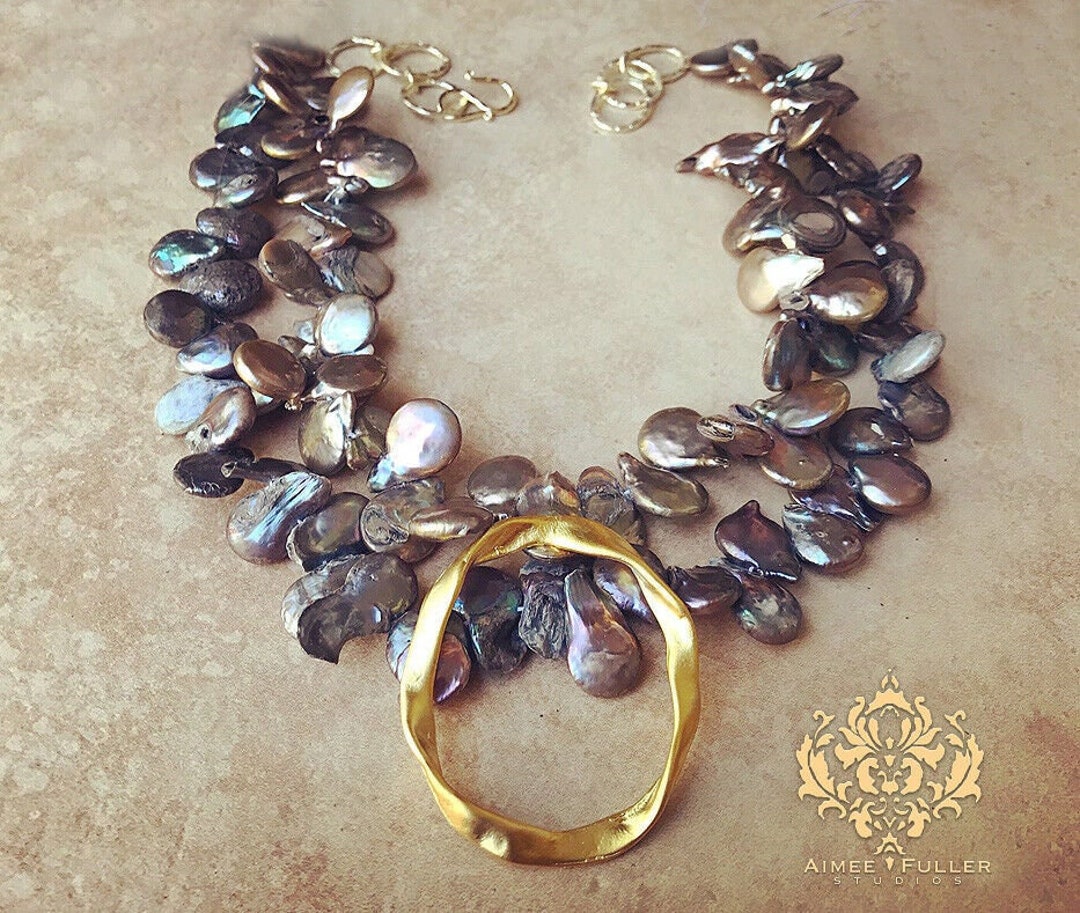 Aimee Fuller Grey Deep Hued Coin Pearl 22k Matte Gold Plated Pendant ...