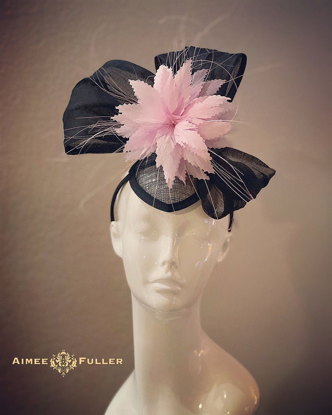 Black Bow Fascinator Hat Abaca Fabric Pink Feather Burst High Tea ...