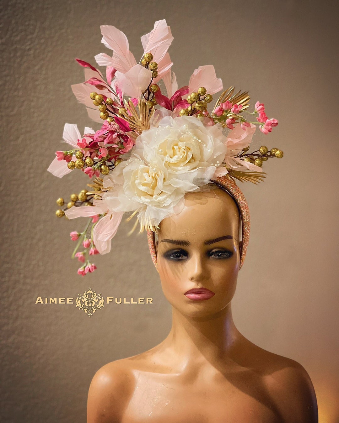 Kentucky Derby Fascinator, Pink Floral Fancy Feather Hat, Off-white ...