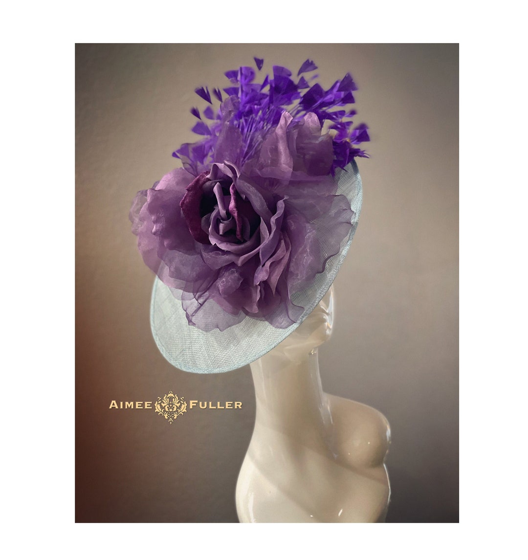 Kentucky Derby Hat, Light Powder Blue Sinamay Deep Purple Rose Flower ...
