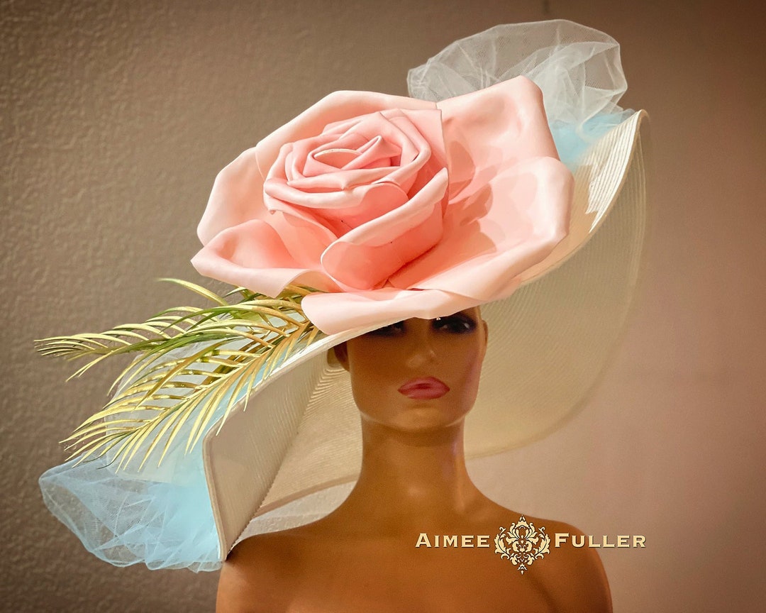 Palm Leaf Hat, High Tea White Cream Large Brim Kentucky Derby Hat, Pink ...