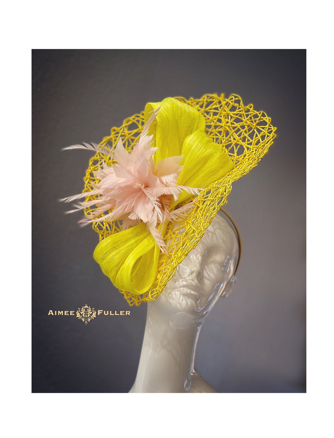 Kentucky Derby Hat Fascinator, Pink Lemon Yellow Feather Hat, Del Mar ...
