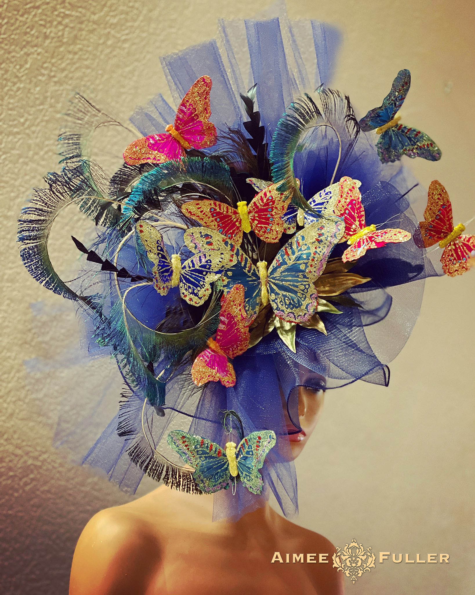 Aimee Fuller Kentucky Derby Hat, Blue Fascinator, Huge Peacock Feathers ...