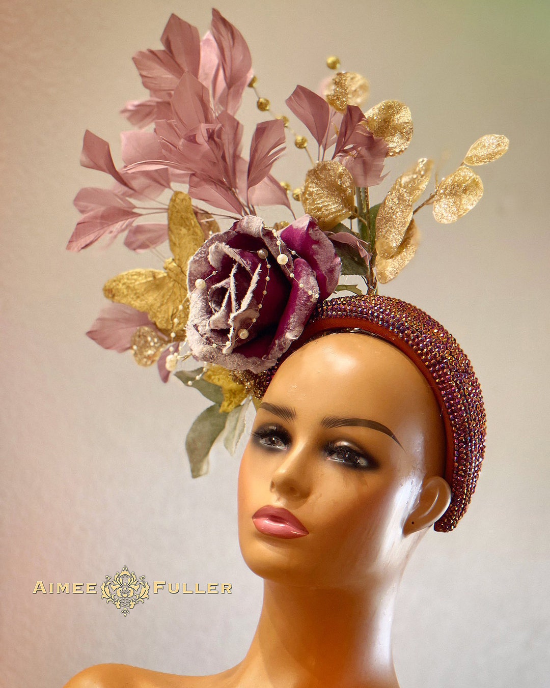 Kentucky Derby Hat Fascinator, Plum Purple Sparkling Rose Fancy Feather ...