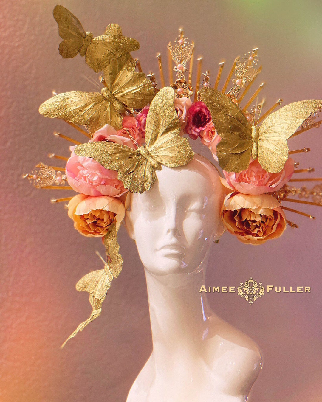 Kentucky Derby Fascinator, Large Gold Butterfly Fascinator, Pink Gold ...